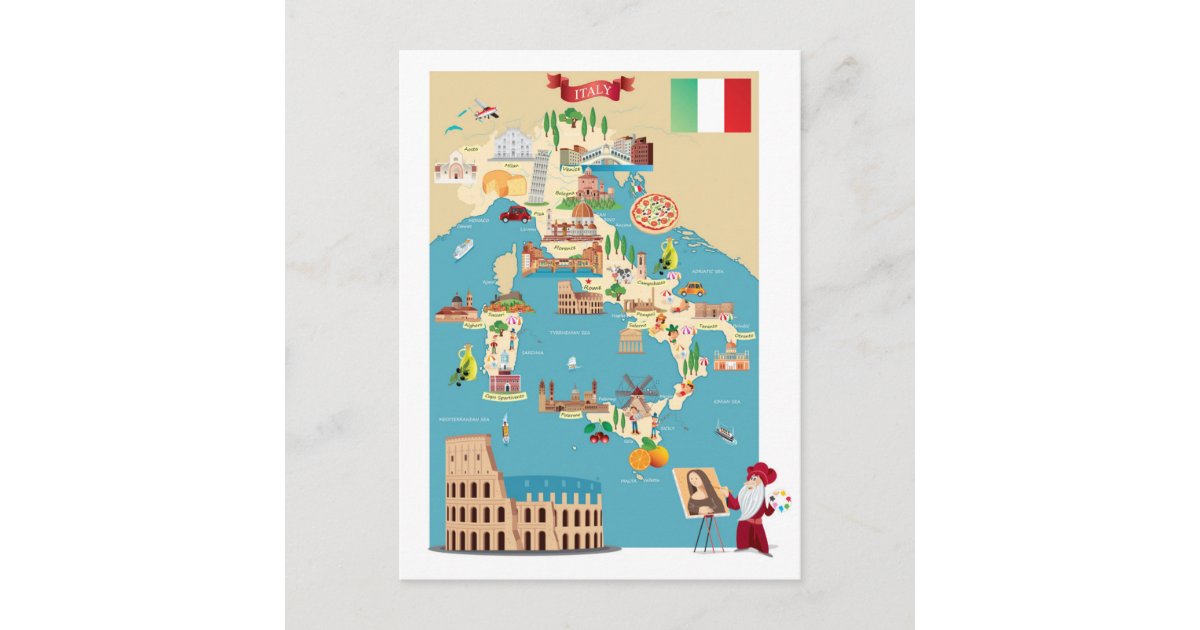 Cartoon Map of Italy Postcard | Zazzle
