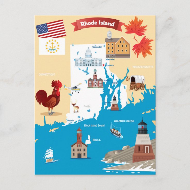 Cartoon Map of Rhode Island Postcard | Zazzle