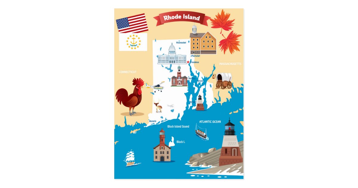 Cartoon Map of Rhode Island Postcard | Zazzle.com