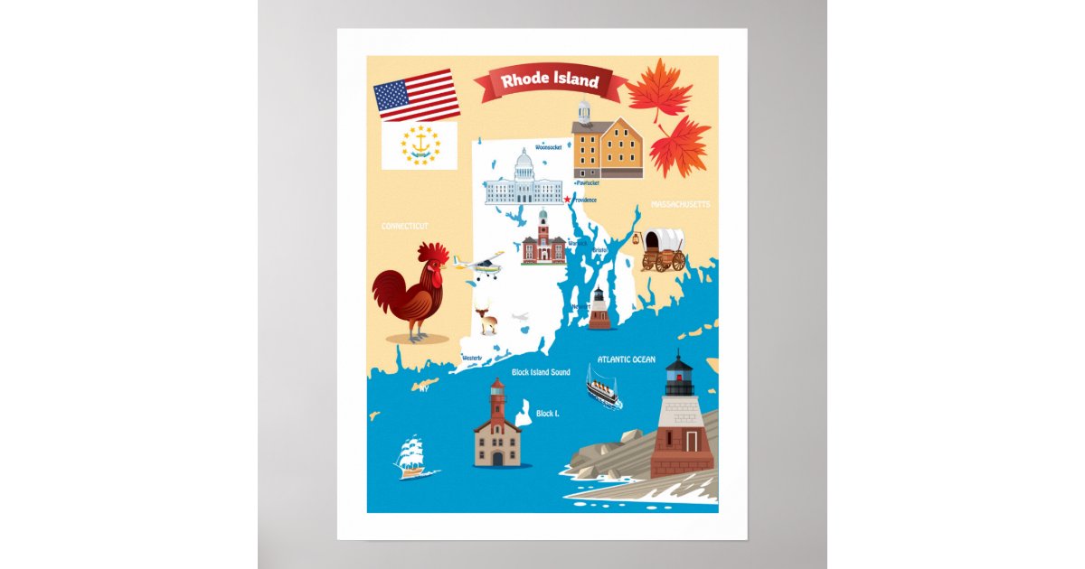 Cartoon Map of Rhode Island Poster | Zazzle