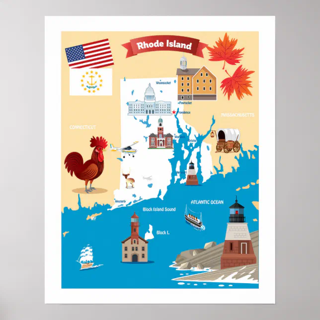 Cartoon Map of Rhode Island Poster | Zazzle