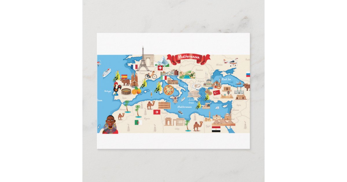 Cartoon Map of The Mediterranean Postcard | Zazzle