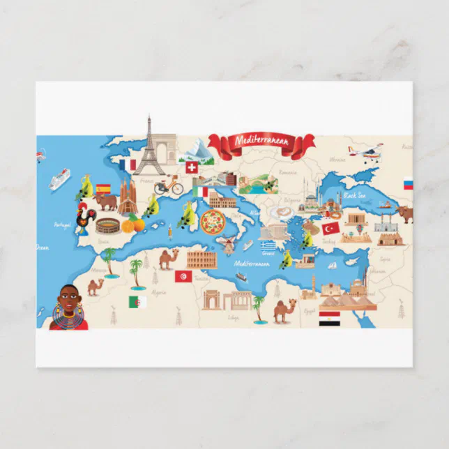 Cartoon Map of The Mediterranean Postcard | Zazzle