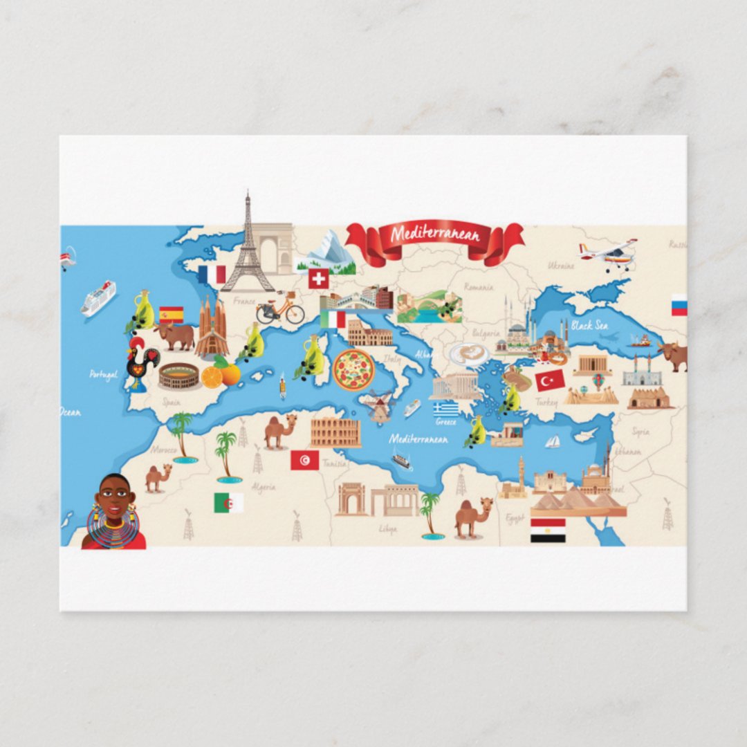 Cartoon Map of The Mediterranean Postcard | Zazzle