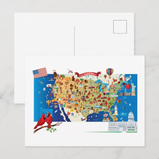 Cartoon Map of USA Postcard | Zazzle