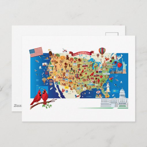Cartoon Map of USA Postcard | Zazzle