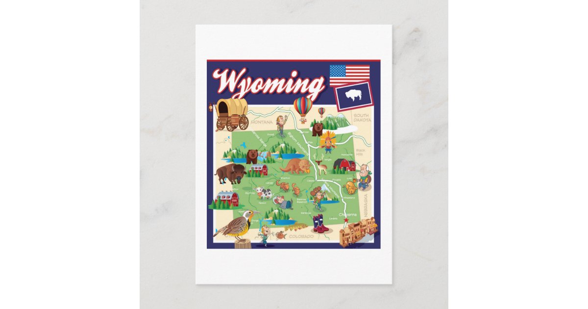 Cartoon Map of Wyoming Postcard | Zazzle