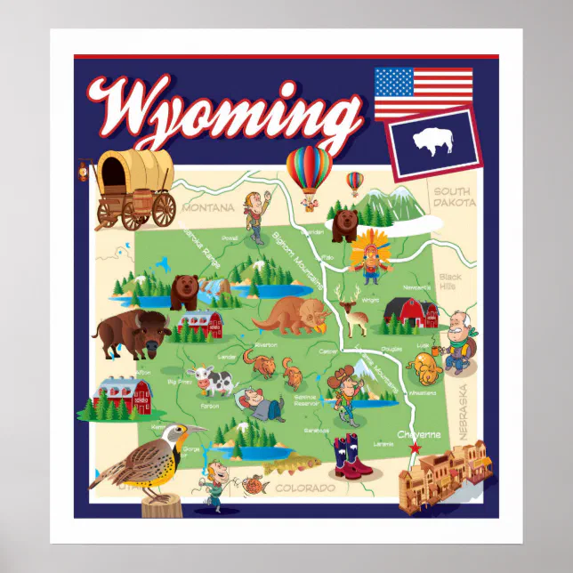 Cartoon Map of Wyoming Poster | Zazzle