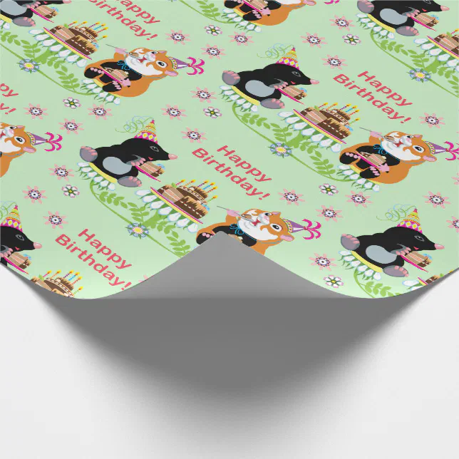cartoon mole and hamster . Happy birthday! Wrapping Paper | Zazzle