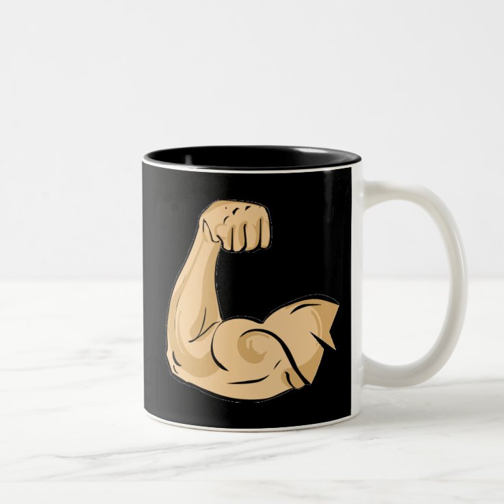 CARTOON MUSCLES MAN strong arm biceps athletic pow Two-Tone Coffee Mug ...