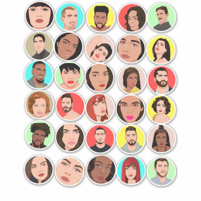 cartoon peoples faces Mixed races art collage Sticker | Zazzle