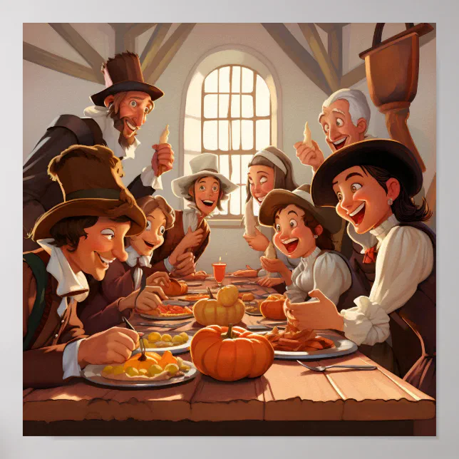 Cartoon Pilgrims around the Thanksgiving Table Poster | Zazzle