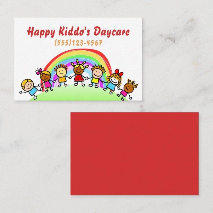 Cartoon Rainbow Daycare Childcare Business Card | Zazzle