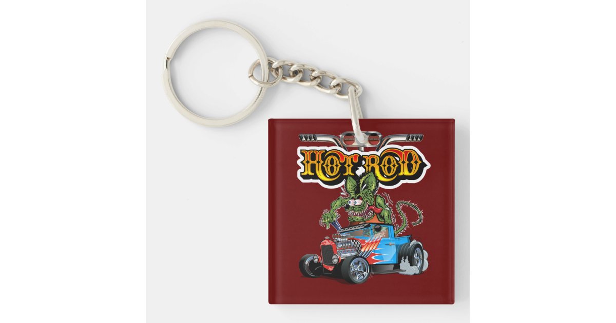 Cartoon retro hot rod keychain | Zazzle