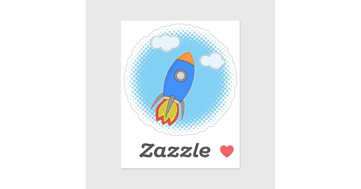 Cartoon Rocket In Blue Sky Halftones Sticker | Zazzle