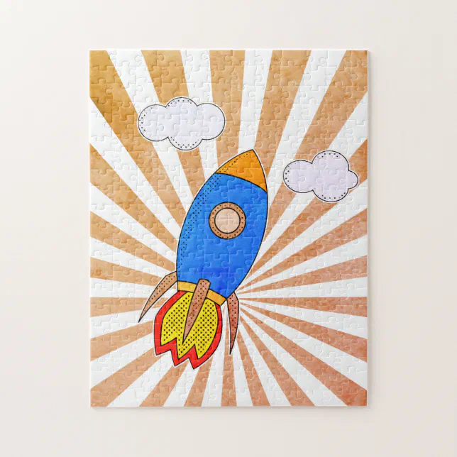 Cartoon Rocket Retro Sunset Jigsaw Puzzle | Zazzle