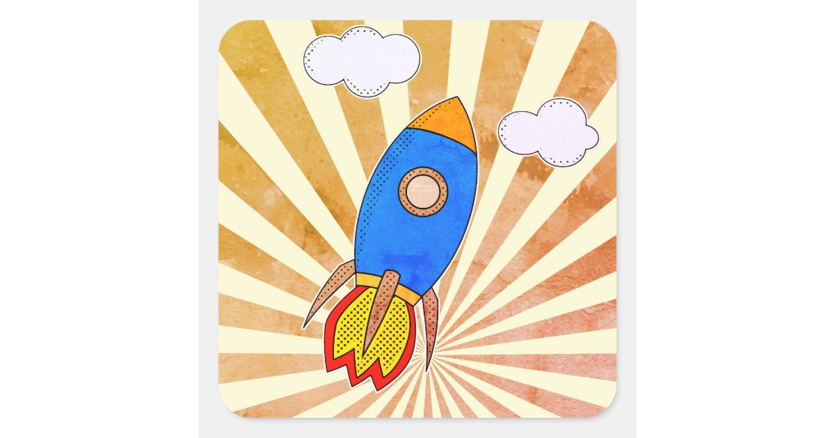 Cartoon Rocket Retro Sunset Square Sticker | Zazzle