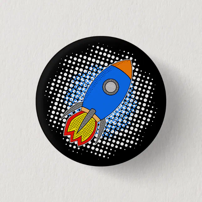 Cartoon Rocket With Halftones Galaxy Button | Zazzle