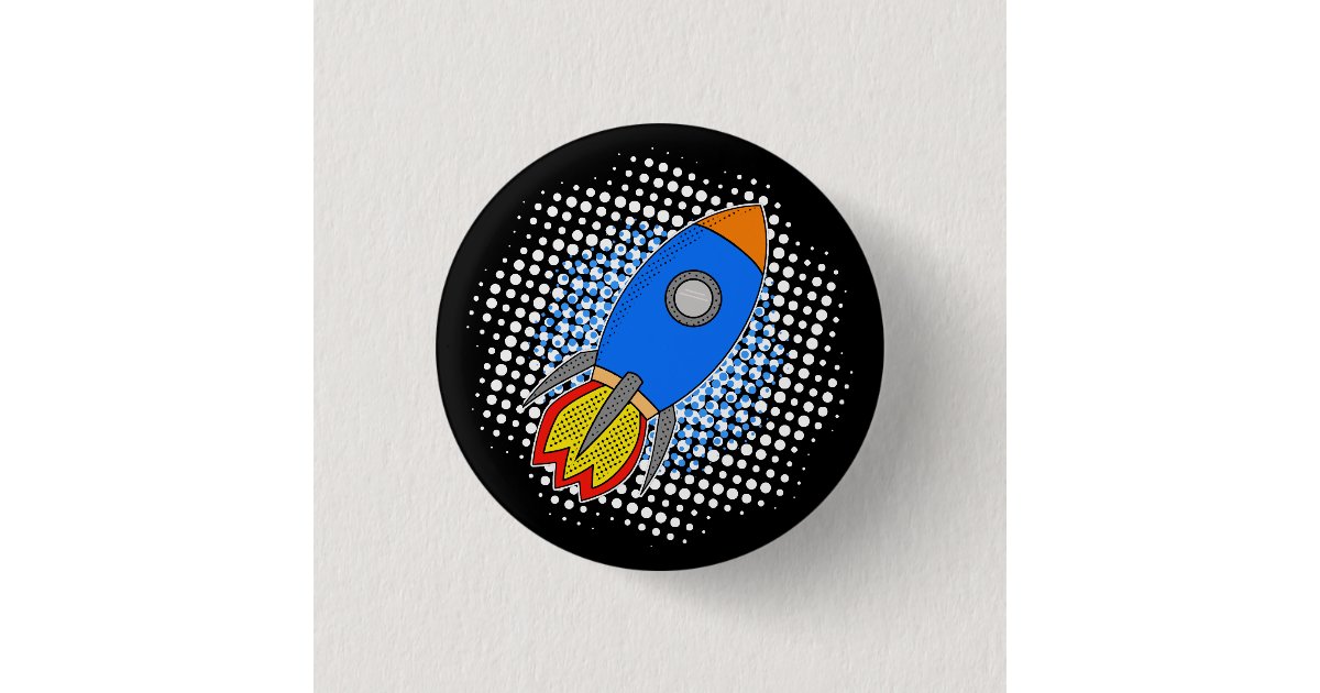 Cartoon Rocket With Halftones Galaxy Button | Zazzle