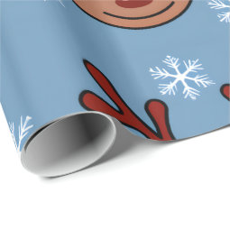 Cartoon Rudolph Red Nosed Reindeer and Snowflakes Wrapping Paper | Zazzle