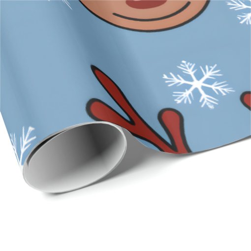 Cartoon Rudolph Red Nosed Reindeer and Snowflakes Wrapping Paper | Zazzle