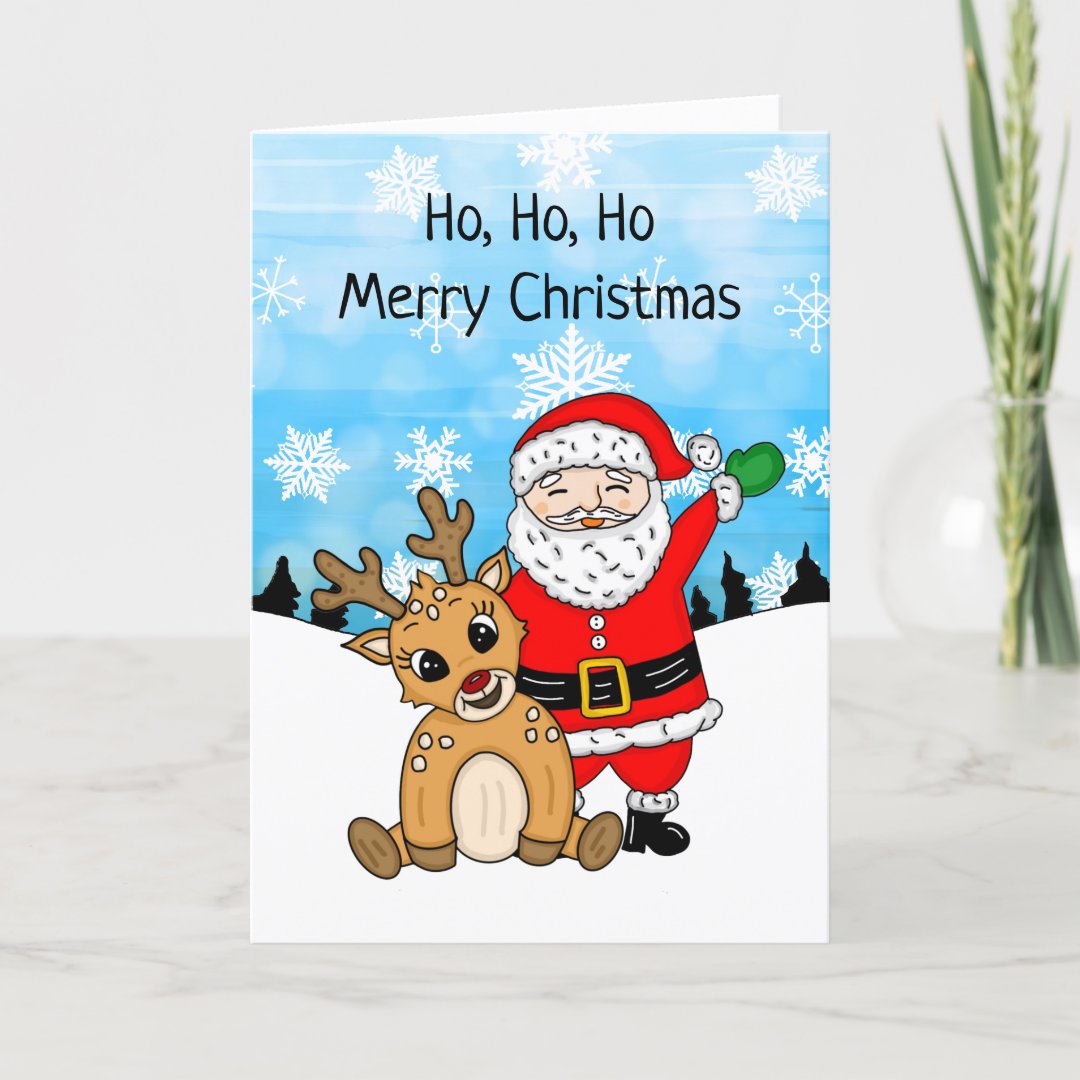 Cartoon Santa and Reindeer Christmas Card | Zazzle