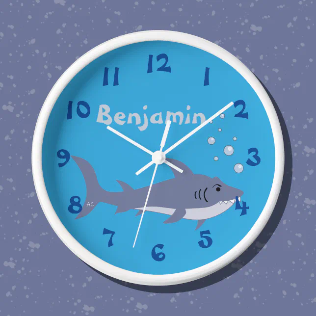 Cartoon Shark Blue Nursery Room Wall Clock | Zazzle