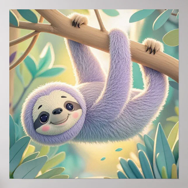 Cartoon sloth hanging upside-down from a branch poster | Zazzle