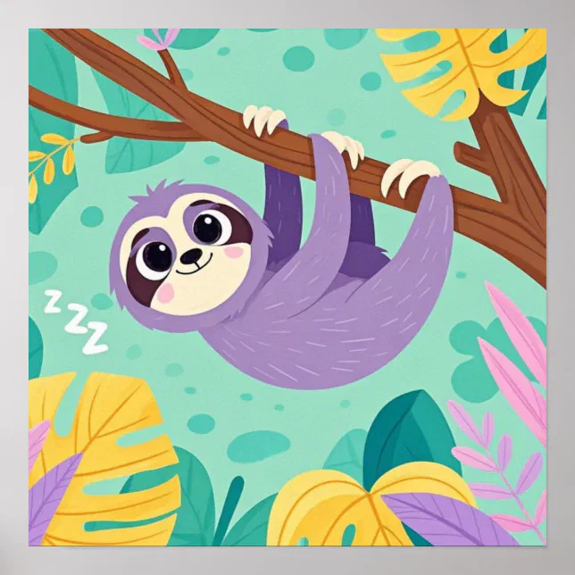 Cartoon sloth hanging upside-down from a branch poster | Zazzle