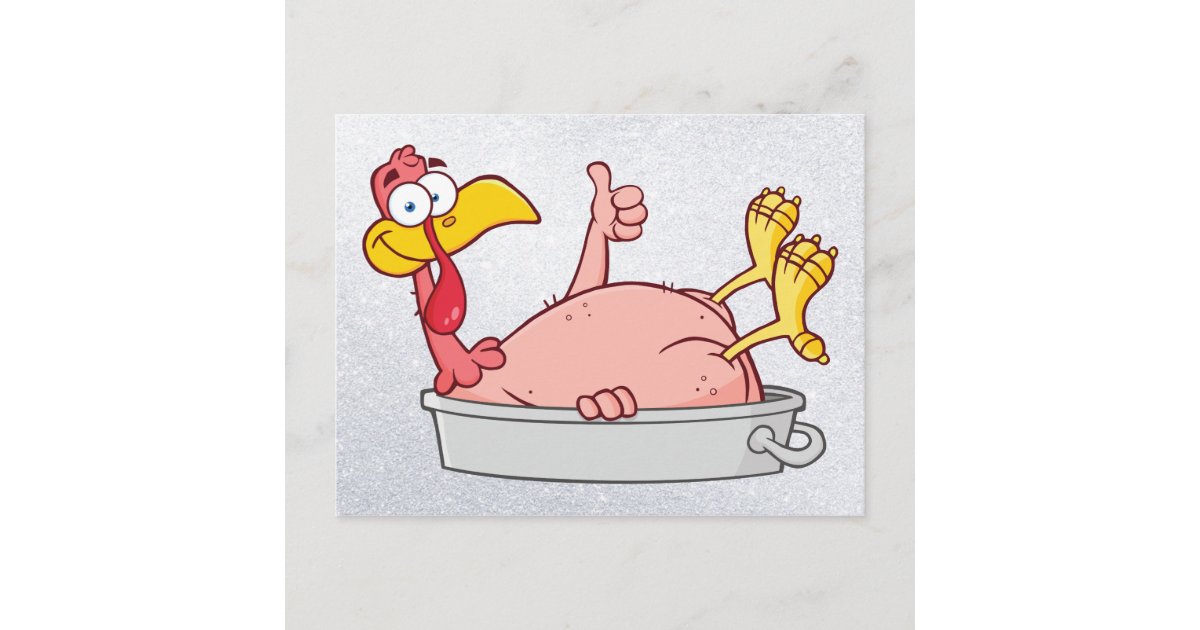 cartoon smiling turkey in pan postcard | Zazzle