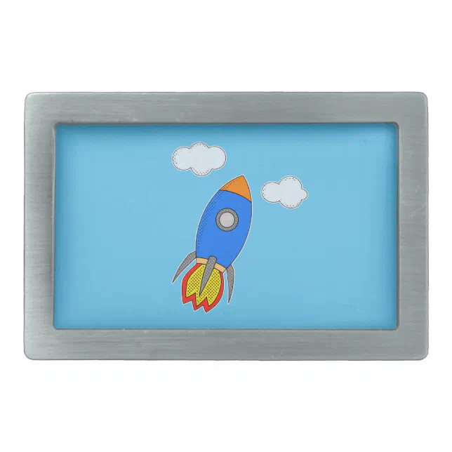 Cartoon Space Rocket In Blue Sky Belt Buckle | Zazzle