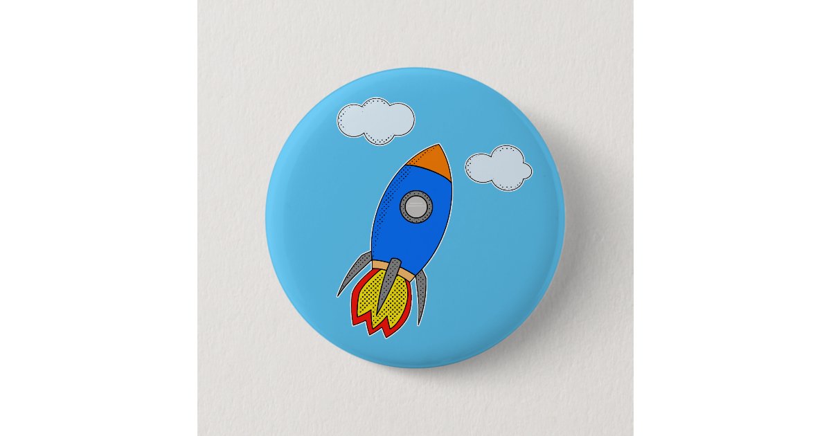 Cartoon Space Rocket In Blue Sky Button | Zazzle