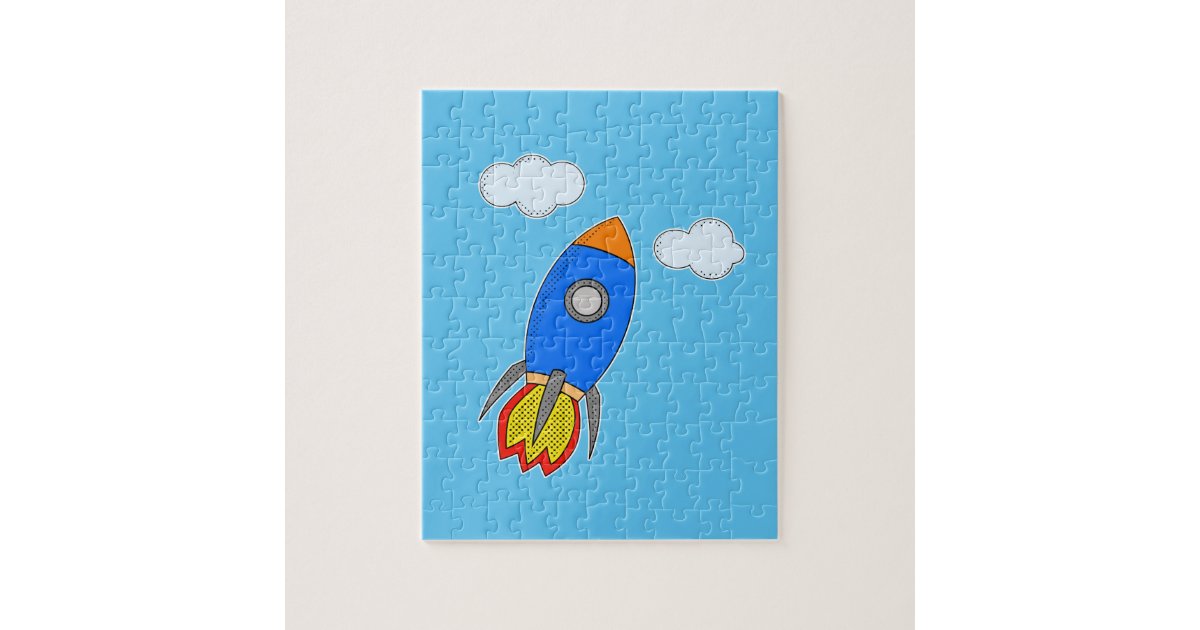 Cartoon Space Rocket In Blue Sky Jigsaw Puzzle | Zazzle