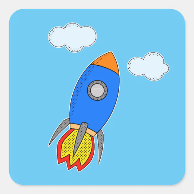 Cartoon Space Rocket In Blue Sky Square Sticker | Zazzle