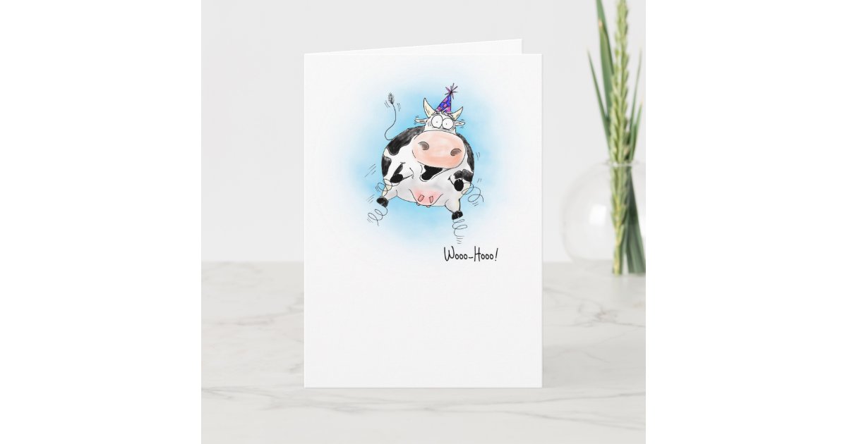 Cartoon Springy Cow Woo-Hoo Birthday Card | Zazzle