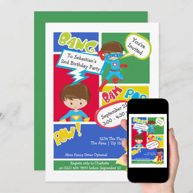 Cartoon Superhero Fun Comic Themed Birthday Party Invitation | Zazzle