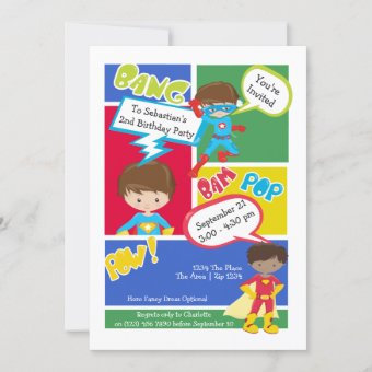 Cartoon Superhero Fun Comic Themed Birthday Party Invitation | Zazzle