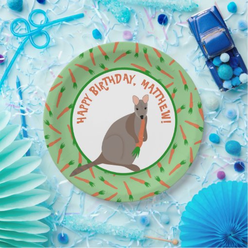 Cartoon Wallaby and Carrots Kids Birthday Party Paper Plates | Zazzle