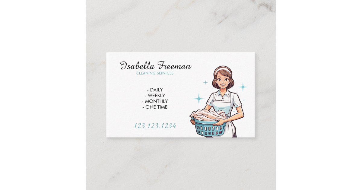 Cartoon White Laundry House Maid Cleaning Business Card | Zazzle