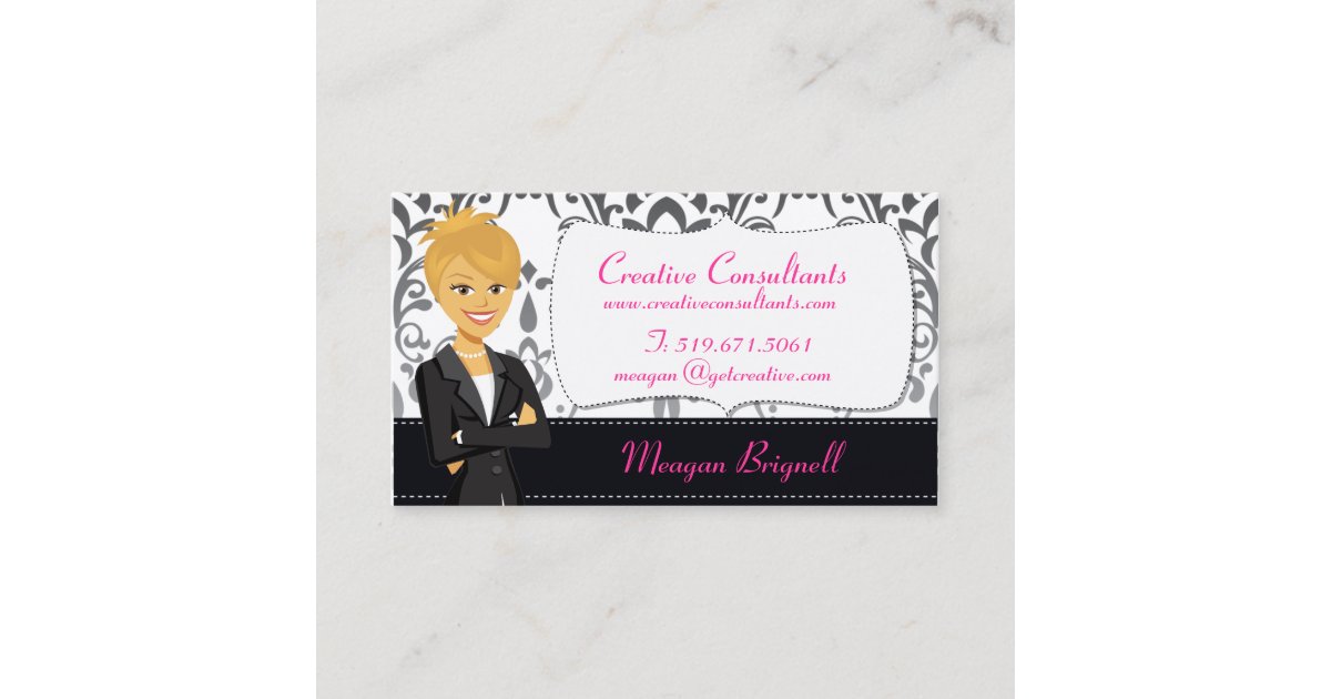 Cartoon Woman Character Damask Business Cards | Zazzle