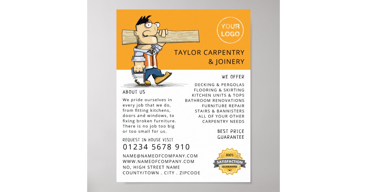 Cartoon Workman, Carpentry, Carpenter Advertising Poster | Zazzle
