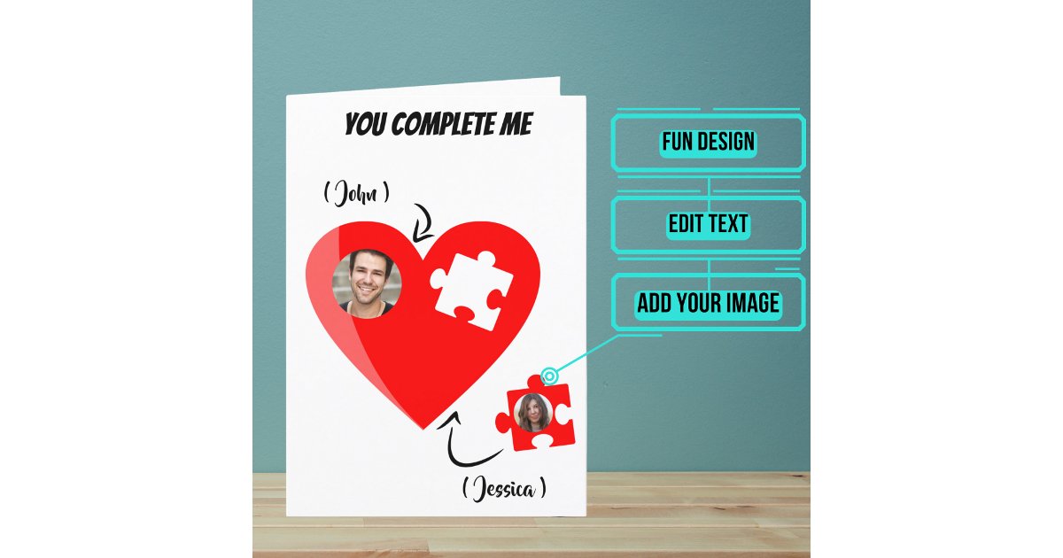 Cartoon You Complete Me Puzzle Heart Birthday Card | Zazzle