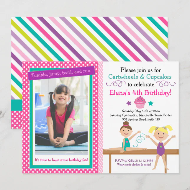 Cartwheels and Cupcakes Gymnastics Birthday Invitation | Zazzle