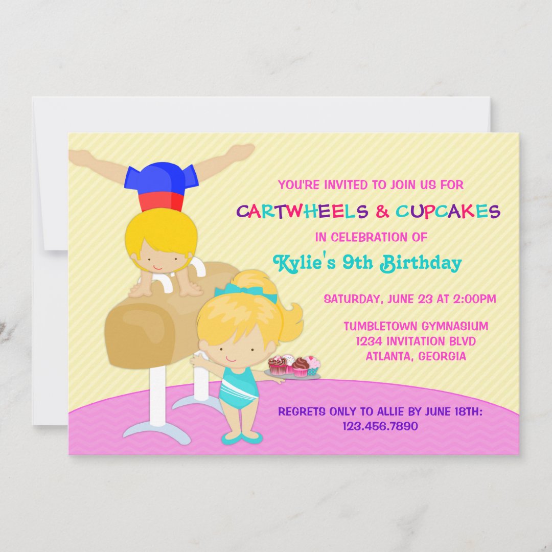 Cartwheels and Cupcakes Gymnastics Birthday Party Invitation | Zazzle