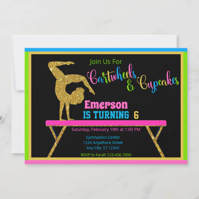 Cartwheels & Cupcakes Gymnastics Birthday Party Invitation | Zazzle