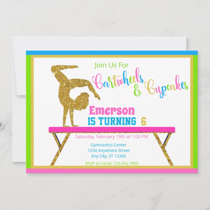 Cartwheels & Cupcakes Gymnastics Birthday Party Invitation | Zazzle