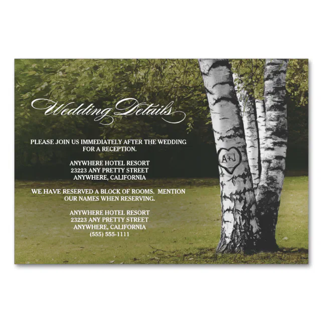 Carved Birch Tree Wedding Reception + Hotel Cards | Zazzle