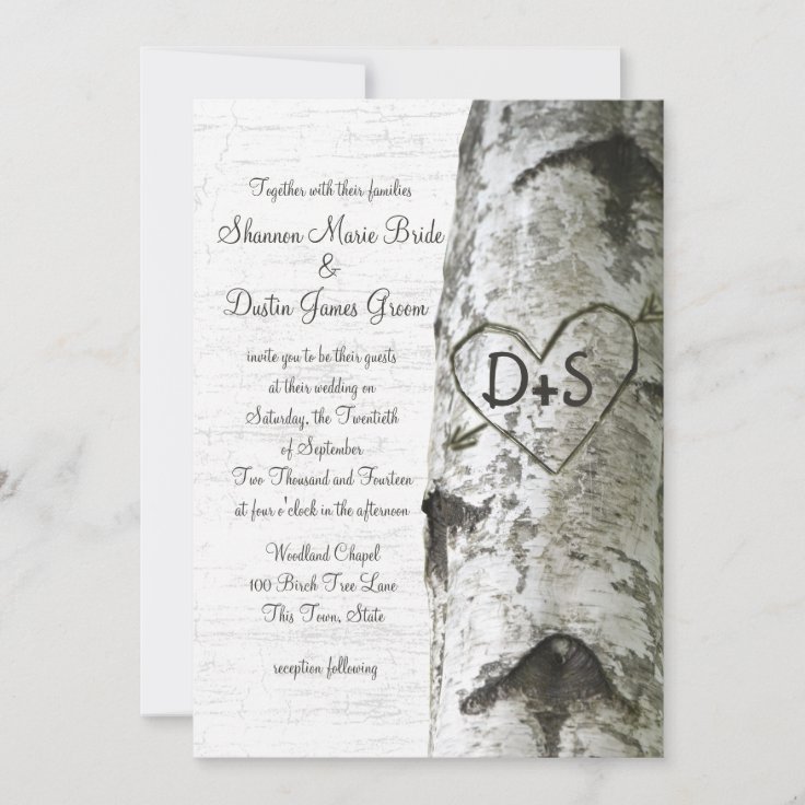 Carved Heart Birch Tree Wedding Invitation | Zazzle