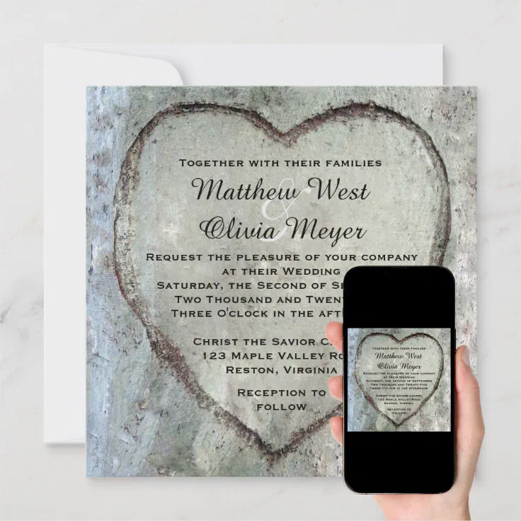 Carved Heart Birch Tree Wedding Invitation | Zazzle