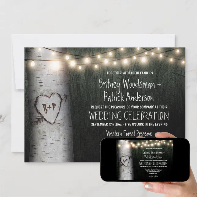 Carved Initials Birch Tree Wedding Invitations | Zazzle